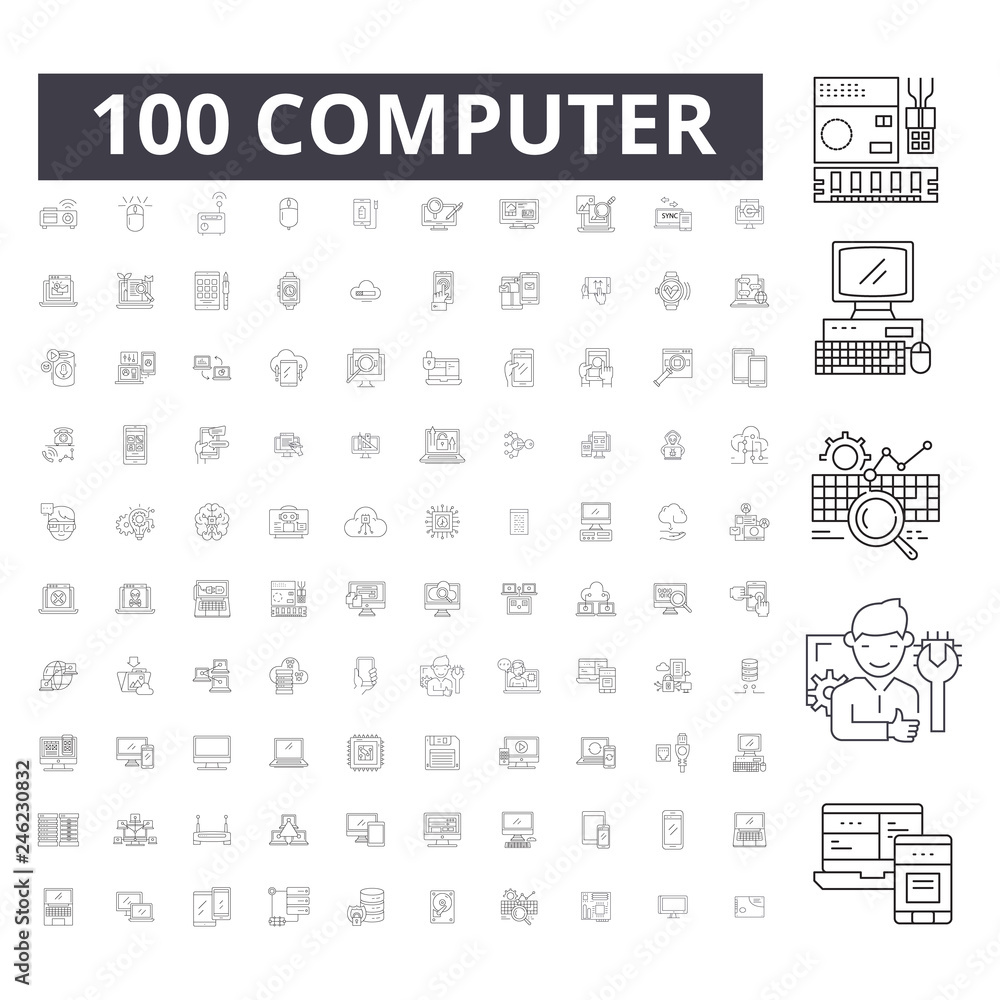 Computer editable line icons, 100 vector set on white background ...
