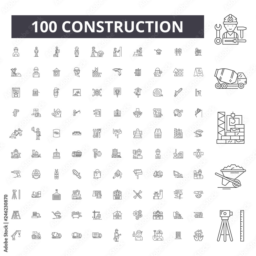 Construction editable line icons, 100 vector set on white background ...