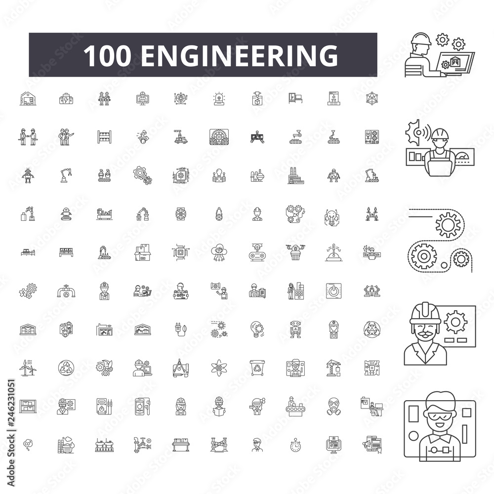 Engineering editable line icons, 100 vector set on white background ...