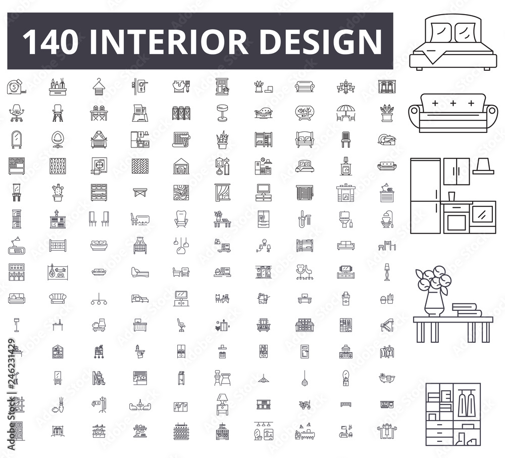Interior design editable line icons, 100 vector set on white background ...