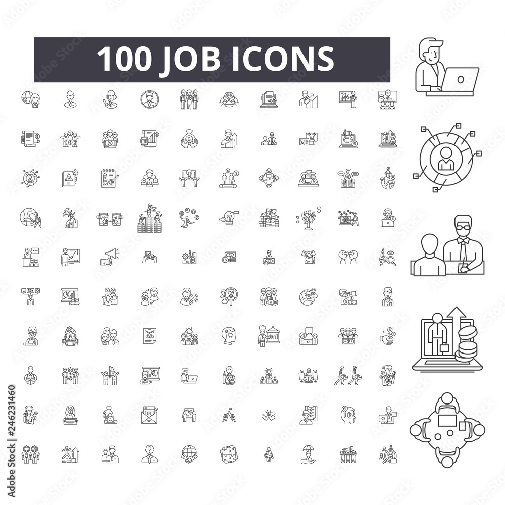 Job editable line icons, 100 vector set on white background. Job black ...