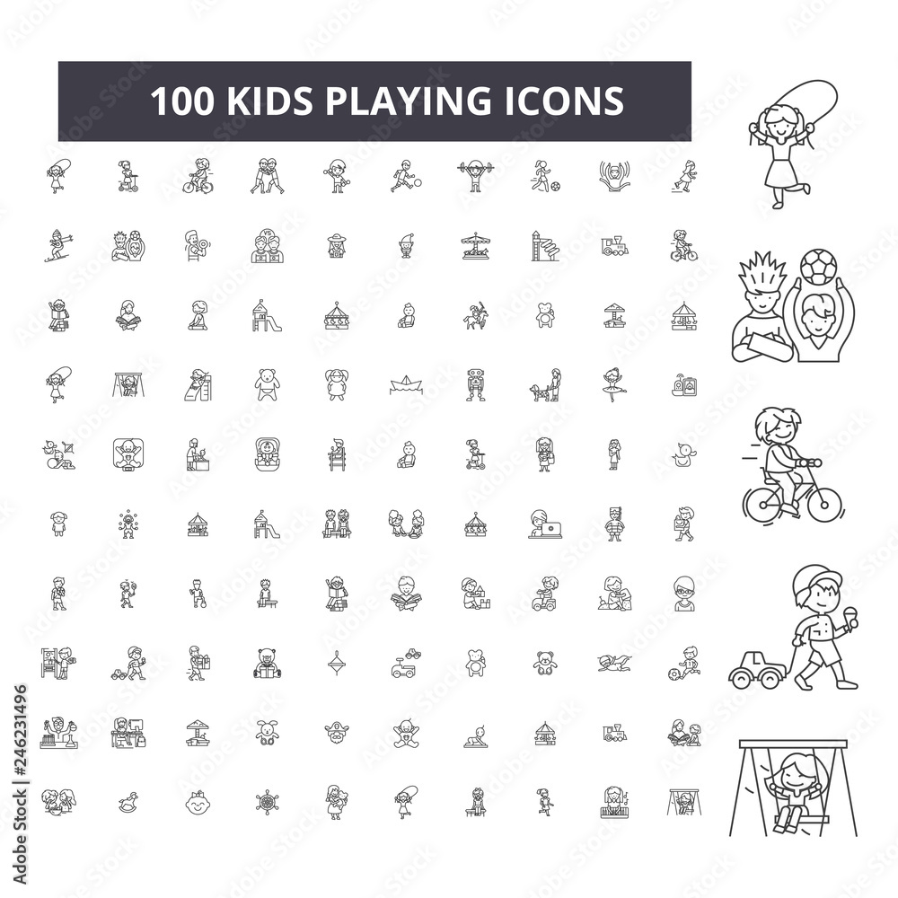 Kids playing editable line icons, 100 vector set on white background ...