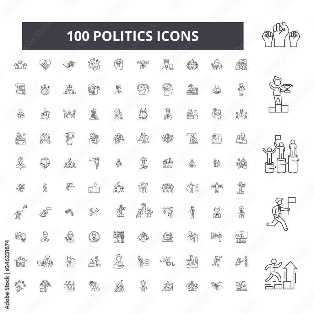Politics editable line icons, 100 vector set on white background ...
