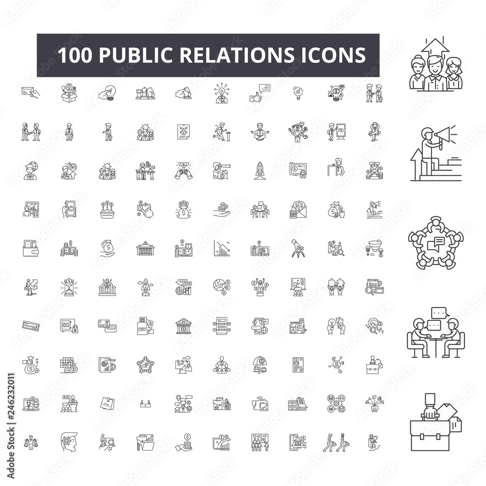 Public relations editable line icons, 100 vector set on white ...