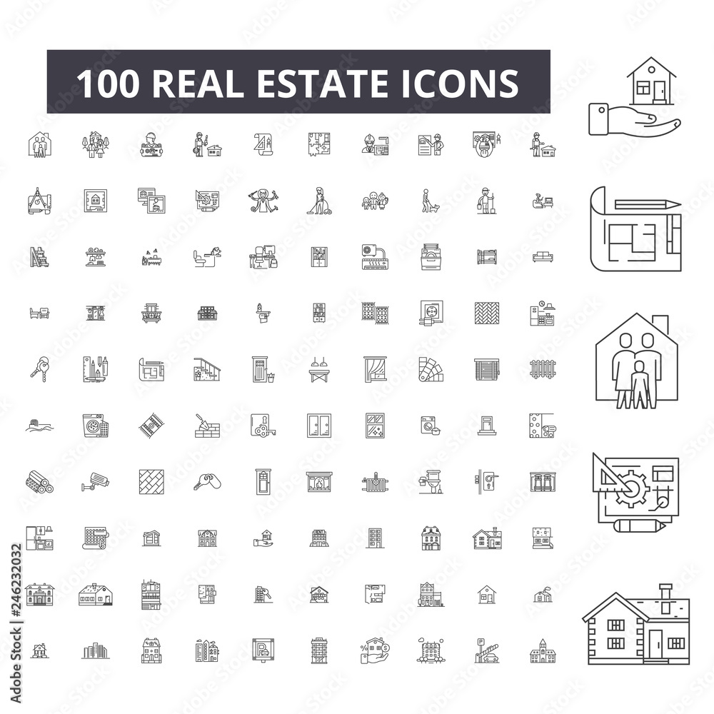 Real estate editable line icons, 100 vector set on white background ...