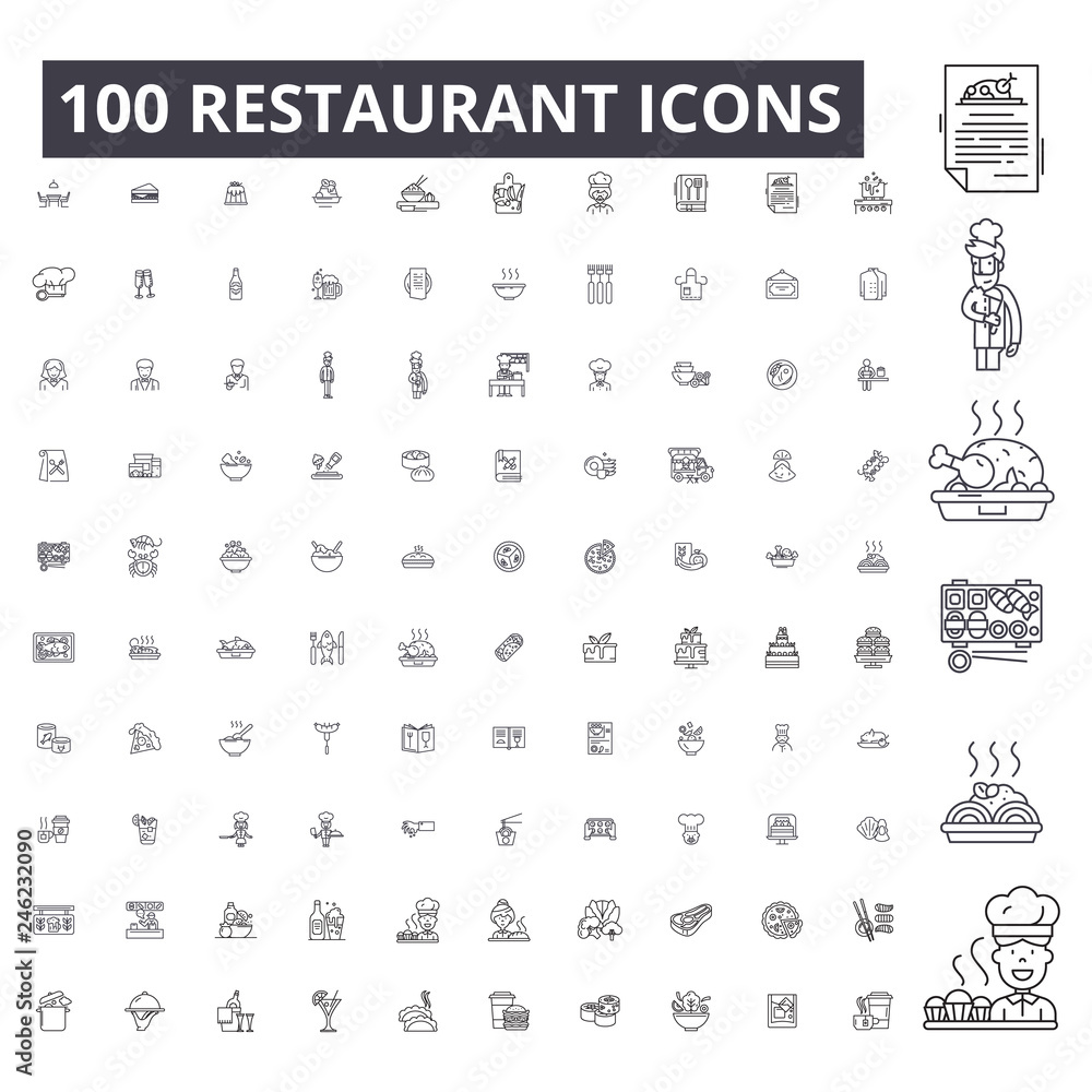 Restaurant editable line icons, 100 vector set on white background ...