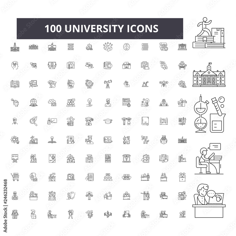 University editable line icons, 100 vector set on white background ...