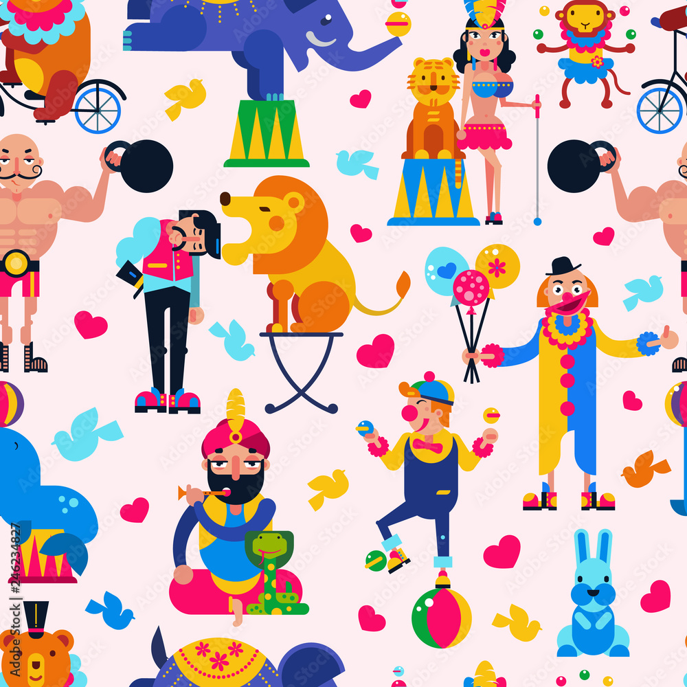 Circus people vector acrobat or clown and trained animals characters in ...