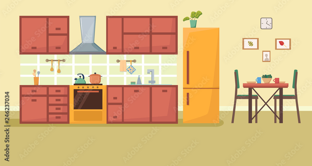 Kitchen interior with furniture and stove, cupboard, fridge, stove hood ...