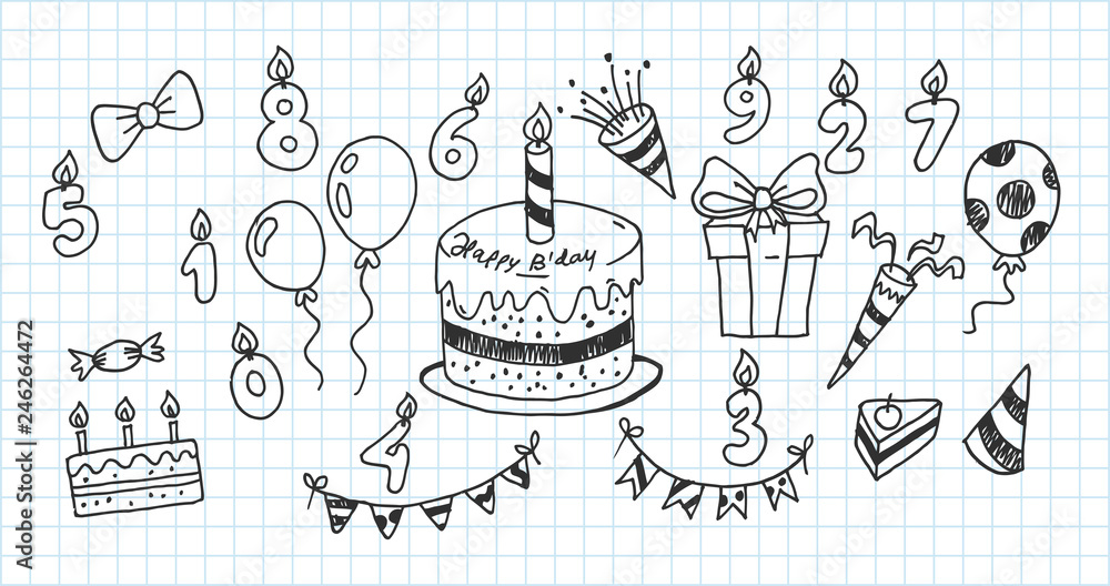 Artistic collection of hand drawn birthday set. Isolated and real pen ...