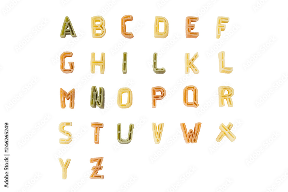 Alphabet from pasta letters font on white background Stock Photo ...