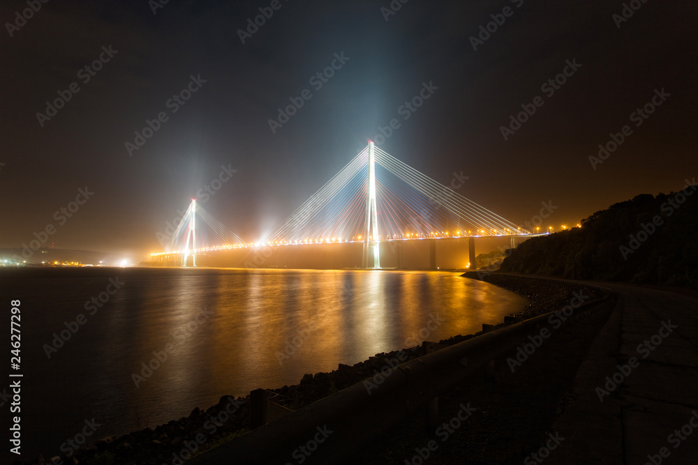 Amazing zooming out aerial view of the Russky Bridge, the world's ...
