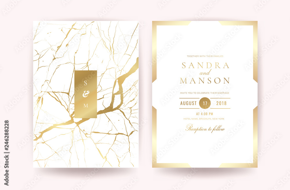 Marble Wedding invitation. Design with Luxury Marbling Golden and ...