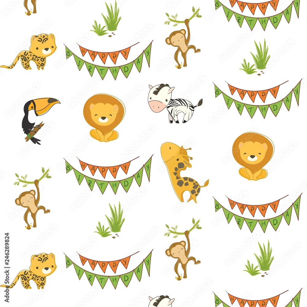 Safari trip pattern. Wild animals announcing birthday party. Hand drawn ...