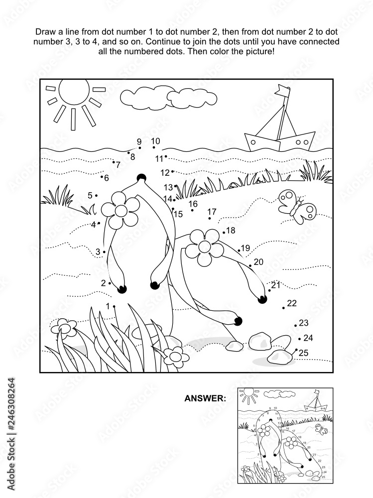 Summer vacation themed connect the dots picture puzzle and coloring ...