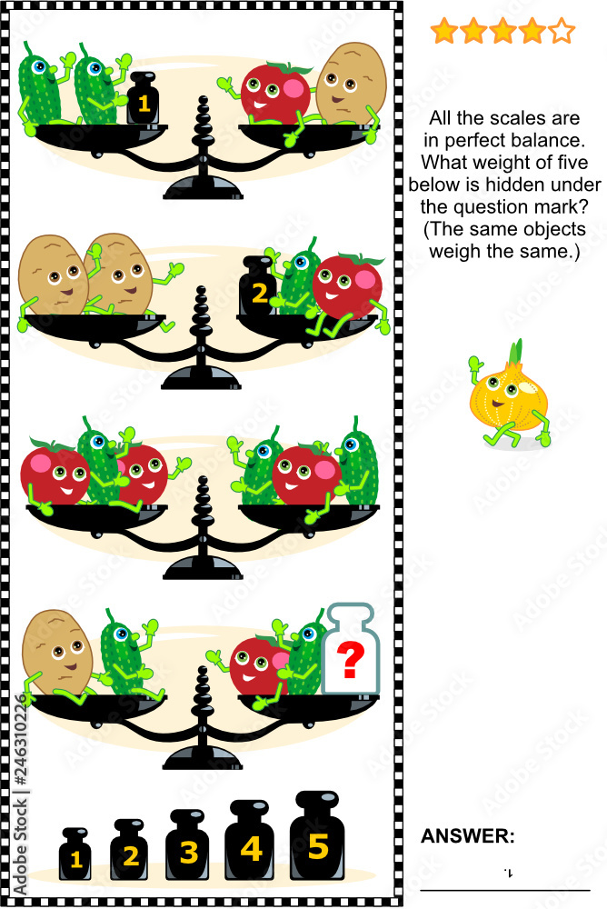 Vetor de Visual math puzzle with scales, weights, potatoes, cucumbers ...