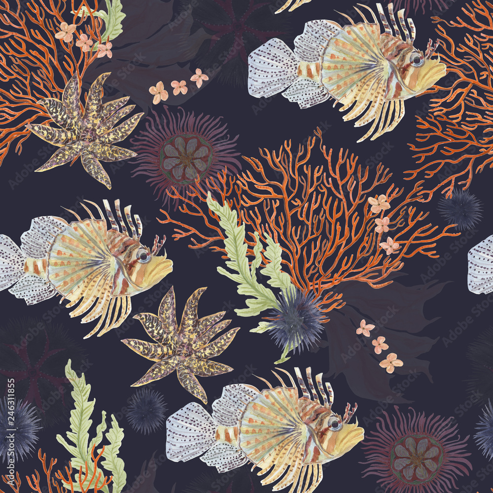 Watercolor painting seamless sea pattern with flowers, fish, corals ...