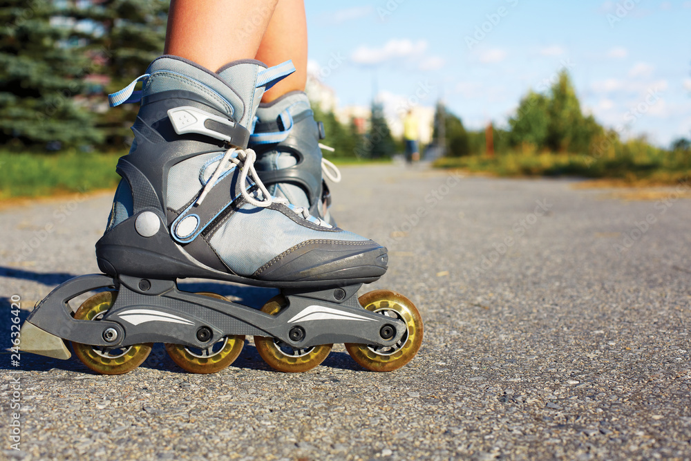 Roller skate legs close up in skatepark.Roller skates is extreme sport ...