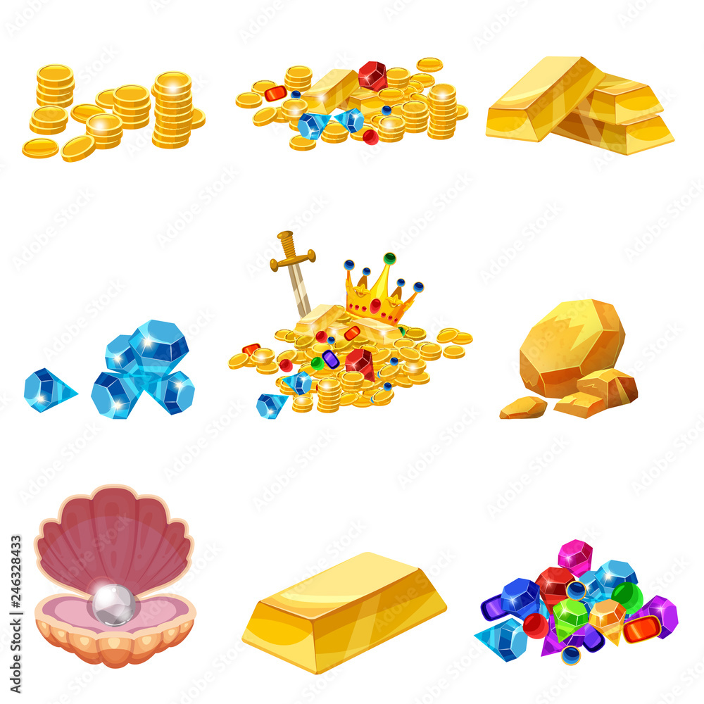 Set Treasure, gold, coins, rock gold nugget, bars, jewels, crown, shell ...