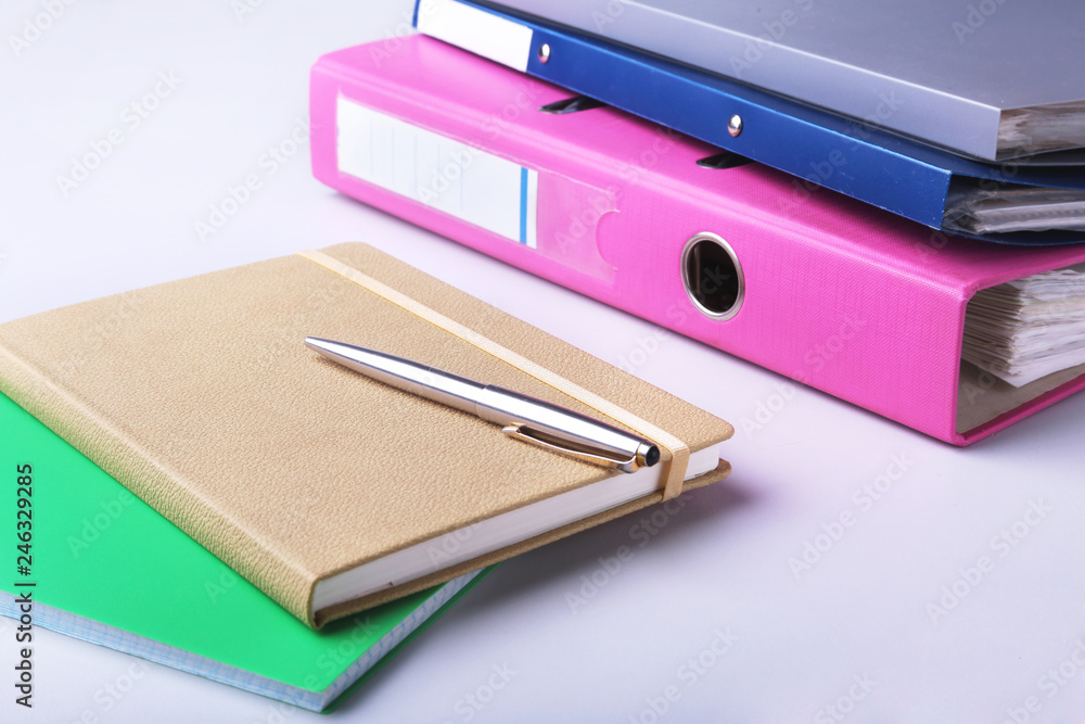 Folder file, note and pen on the desk. blurred background. Stock Photo ...