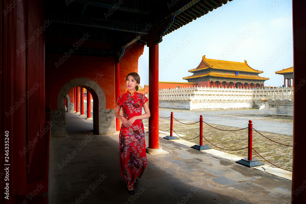 Chinese lady walk in red cheongsam dress in ancient Chinese forbidden ...