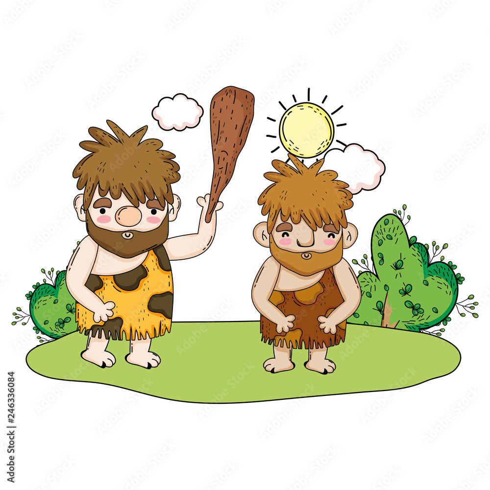 cavemen comic in the landscape Stock Vector | Adobe Stock