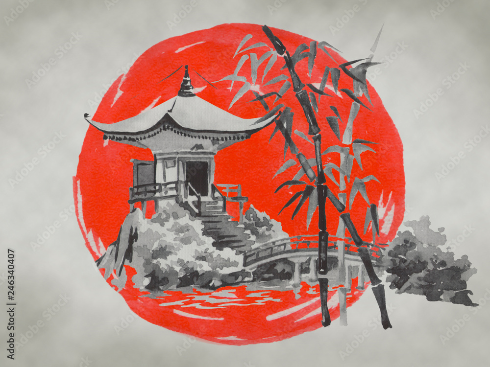 Japan traditional sumi-e painting. Watercolor and ink illustration in ...