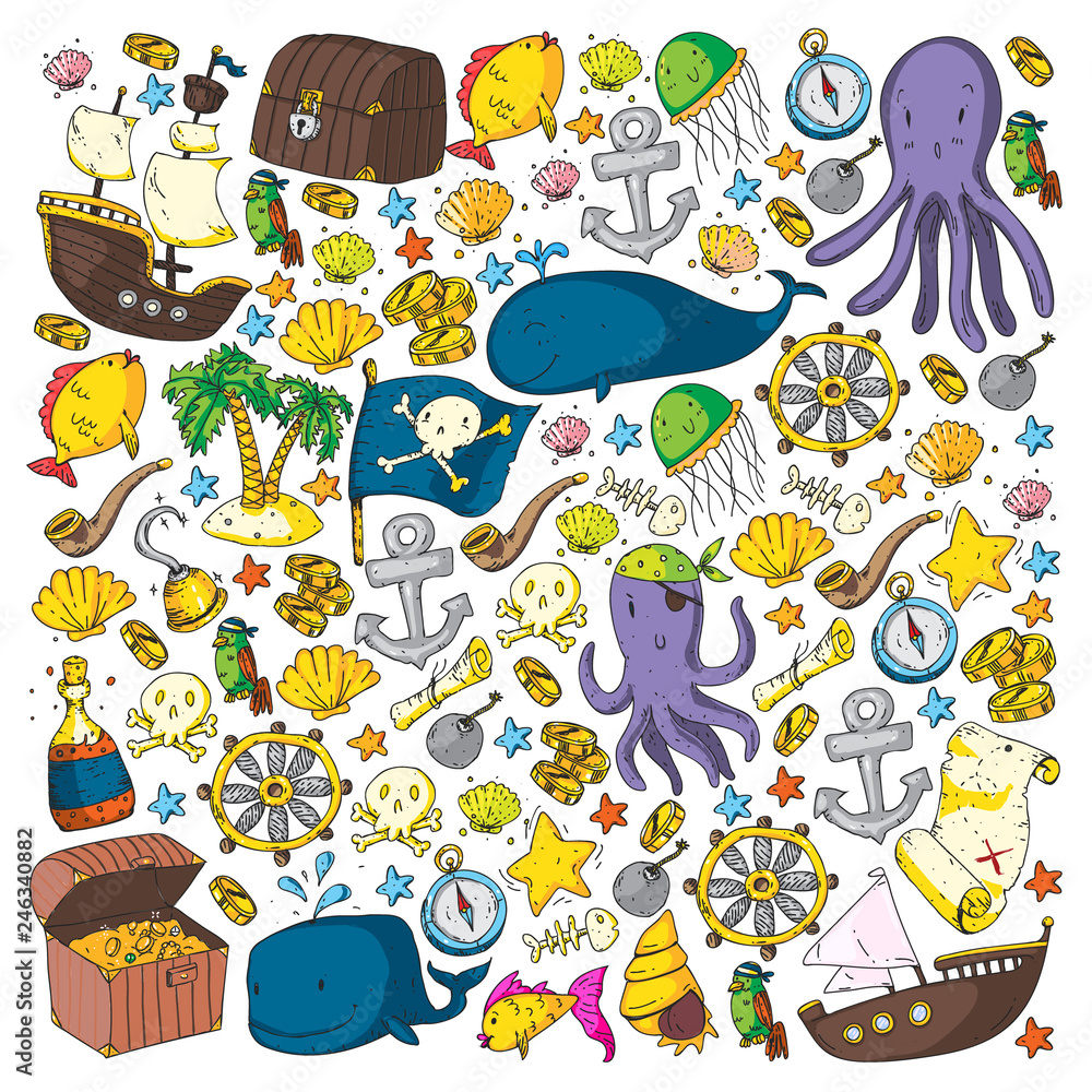 Ocean and sea for children. Pattern for boys. Pirate party. Cute fishes ...