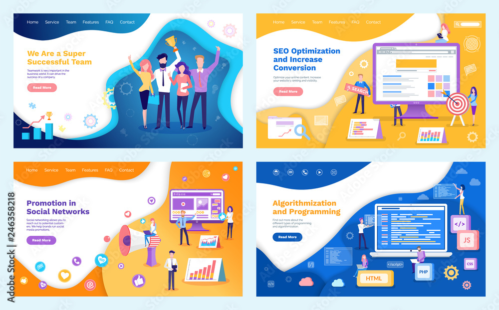 Seo optimization increase of conversion, team gathering successful teamwork vector. People ...