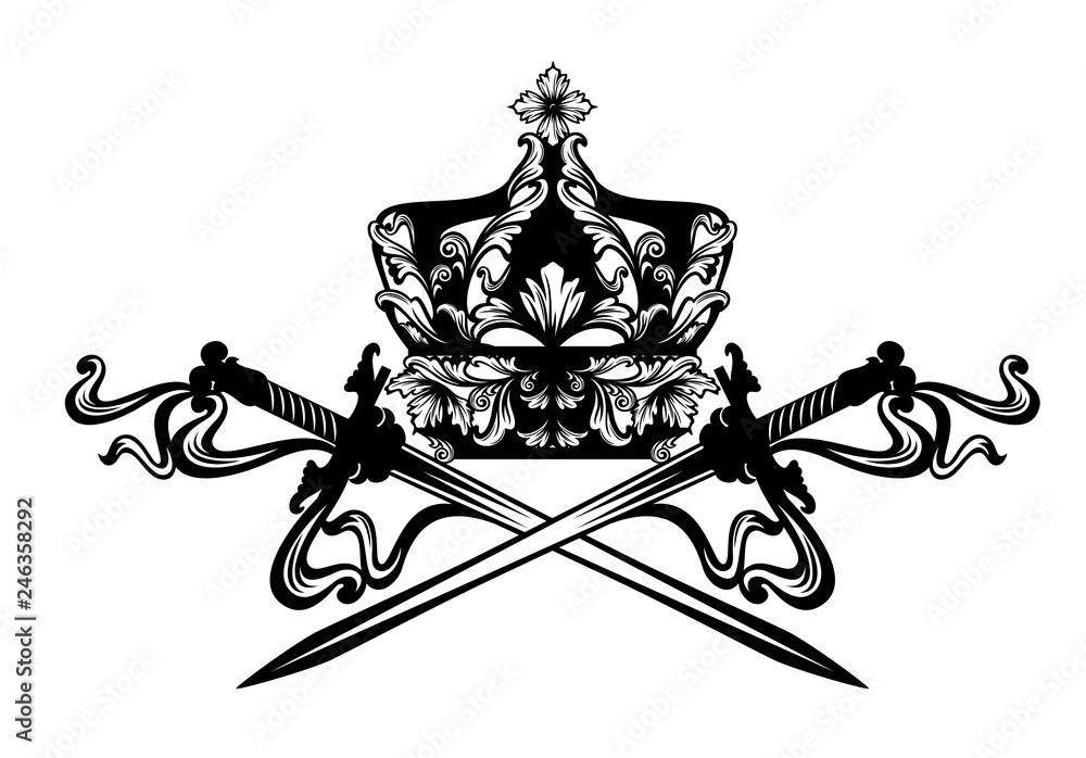 royal king crown and crossed swords - black and white vector heraldic ...