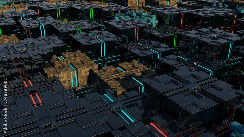 A group of rectangles bodies made of fiery glass. Polygonal shapes in ...