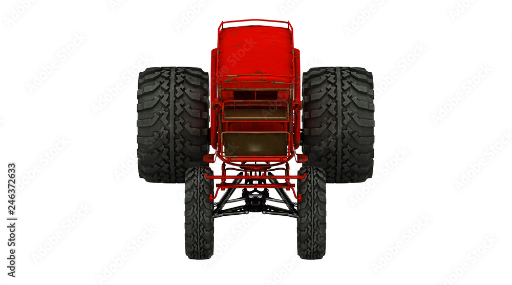 Vecchia carrozza rossa steampunk senza cavalli, con ruote giganti da ...