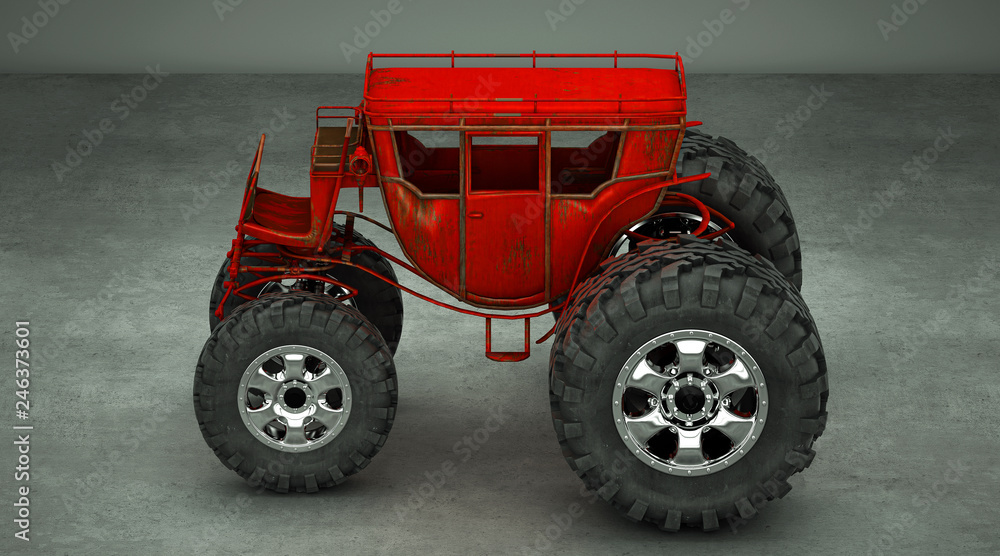 Vecchia carrozza rossa steampunk senza cavalli, con ruote giganti da ...