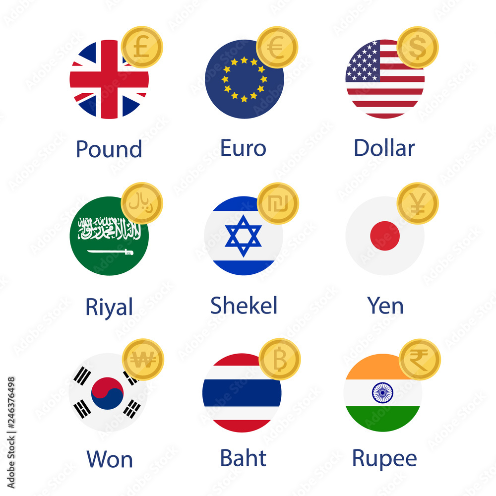 World currency flags and symbol coins set, collection Stock Vector ...