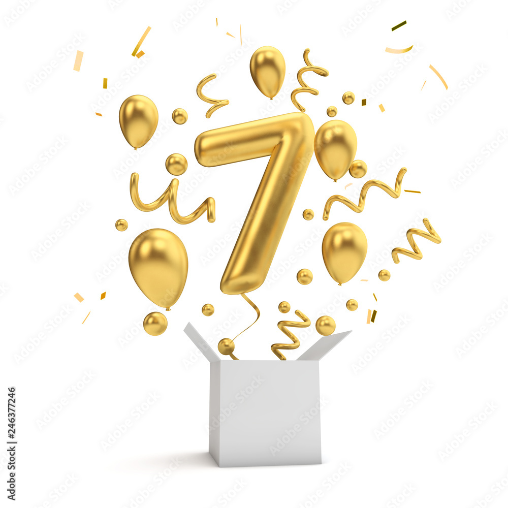 Happy 7th birthday gold surprise balloon and box. 3D Rendering Stock ...
