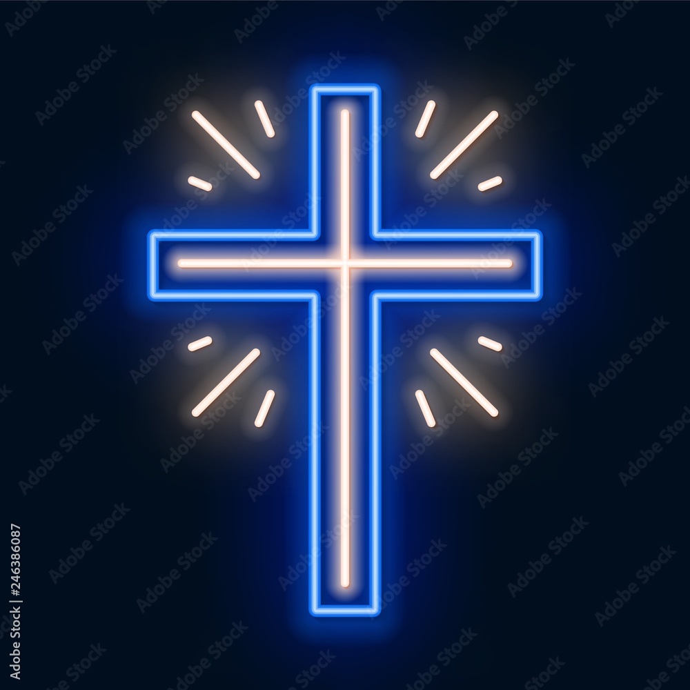 Church cross neon sign. Glowing symbol of the crucifixion. Stock Vector ...