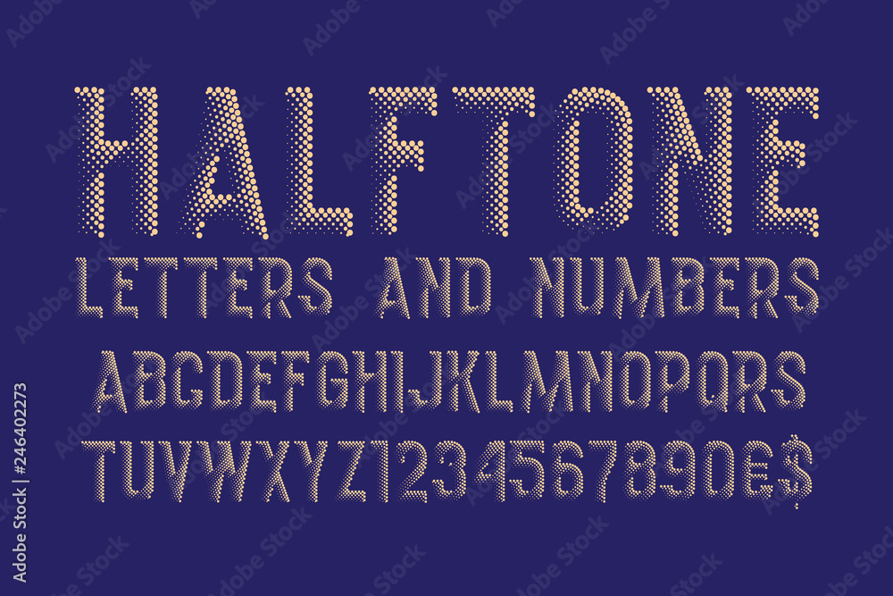 Halftone letters and numbers with currency signs. Beige dots font ...