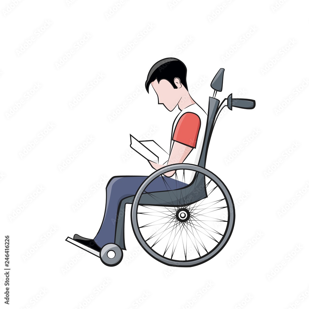 Lonely disabled boy sitting in a wheelchair and reading a book. Self ...