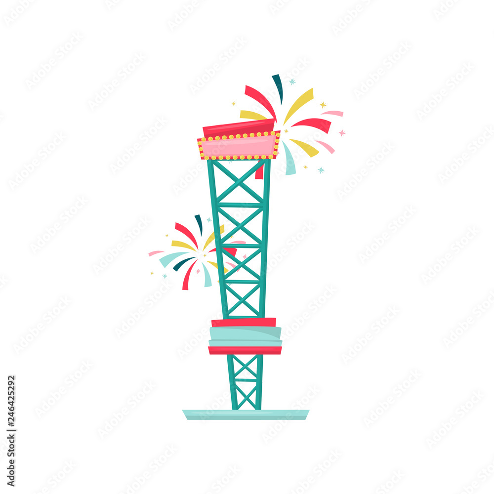 Free fall or drop tower. Extreme funfair attraction. Equipment of ...