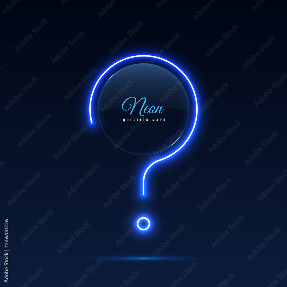 Neon question mark. Glass banner of a round shape. Transparent ...