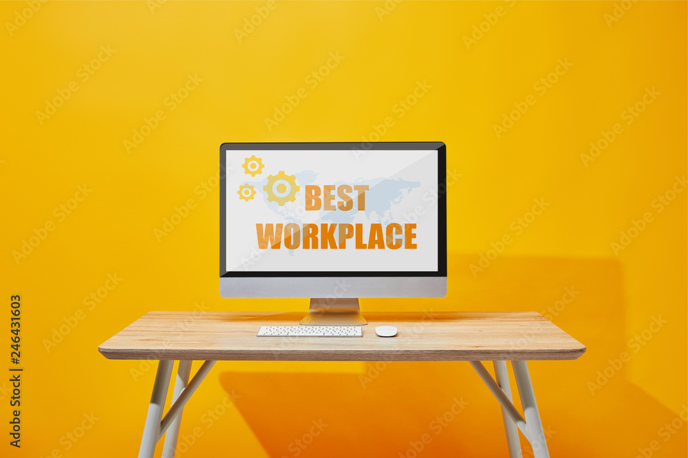 Computer with keyboard and mouse at wooden table with best workplace ...