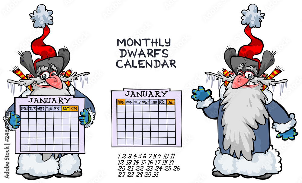 Cartoon dwarf character with monthly calendar panel- two options for ...