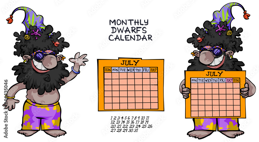 Cartoon dwarf character with monthly calendar panel- two options for ...