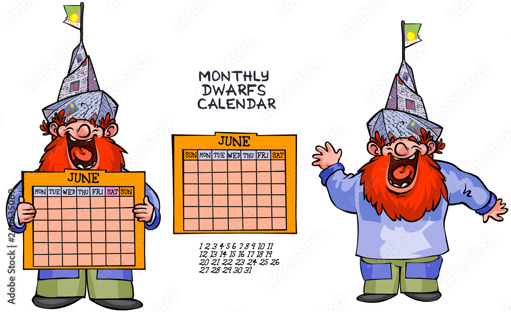 Cartoon dwarf character with monthly calendar panel- two options for ...