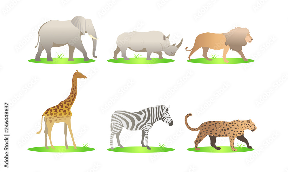 African animals cartoon vector set. elephant, rhino, giraffe, cheetah ...