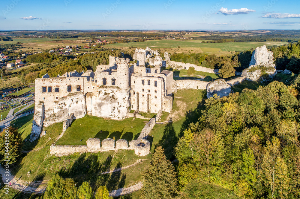 The ruins of medieval castle on the rock in Ogrodzieniec, Poland. One ...