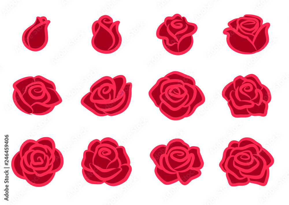 Rose blossom icon set. Simple red rose flower design elements for ...