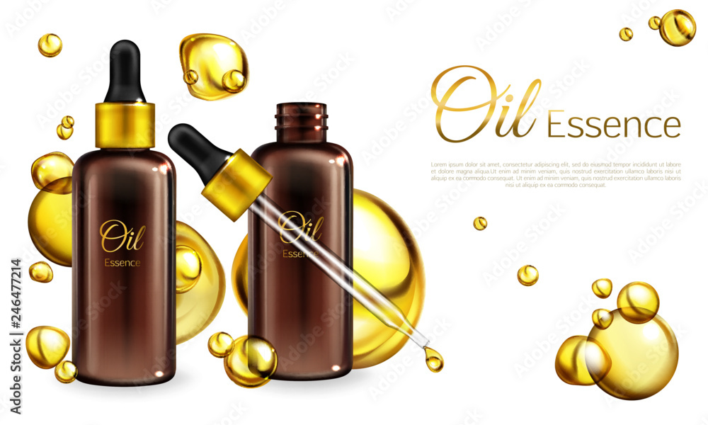 Vector 3d realistic oil essence in brown glass bottles with a pipette ...