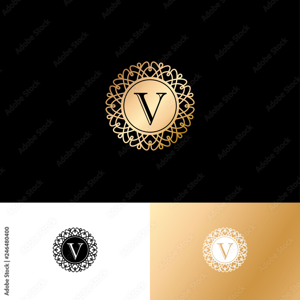 V letter or monogram. The original gold V letter symbol in a circle ...