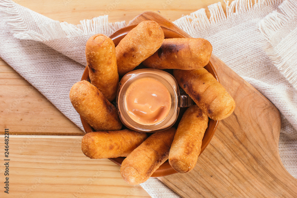 Top view of Latin-American appetizers called Tequeños made of fried ...